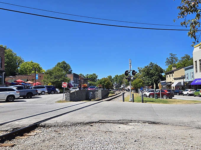 The railroad crossing signals remind you to slow down and appreciate where you are right now.
