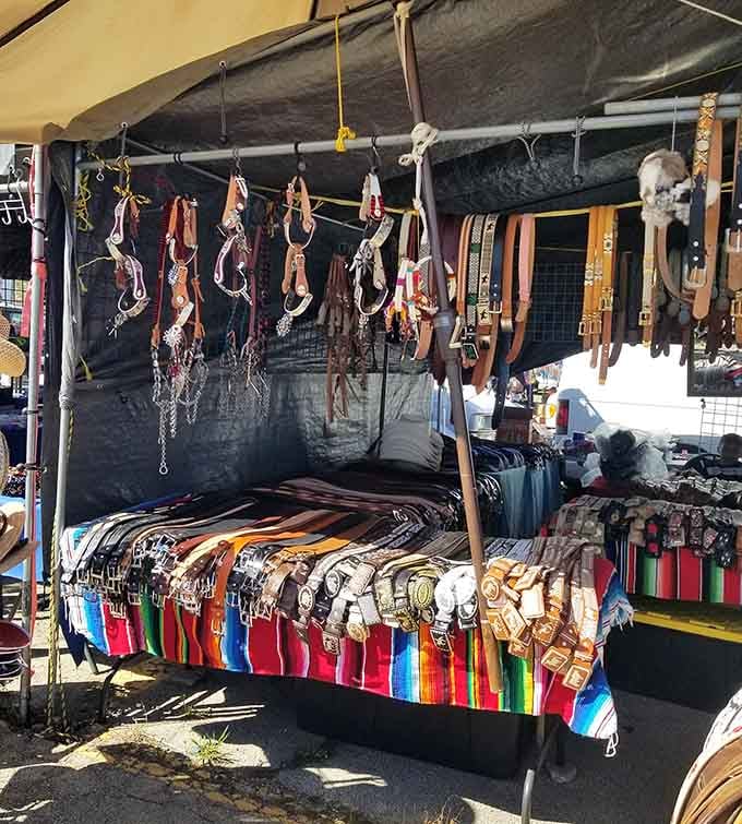 Leather belts and Western accessories hang like artwork, adding cowboy flair to any outfit without requiring a second mortgage.