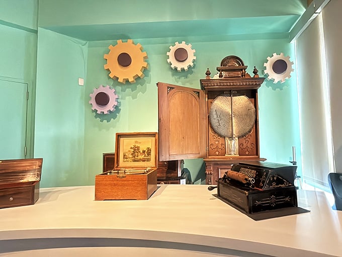 Colorful gears hint at the mechanical magic waiting inside this delightfully unexpected collection.