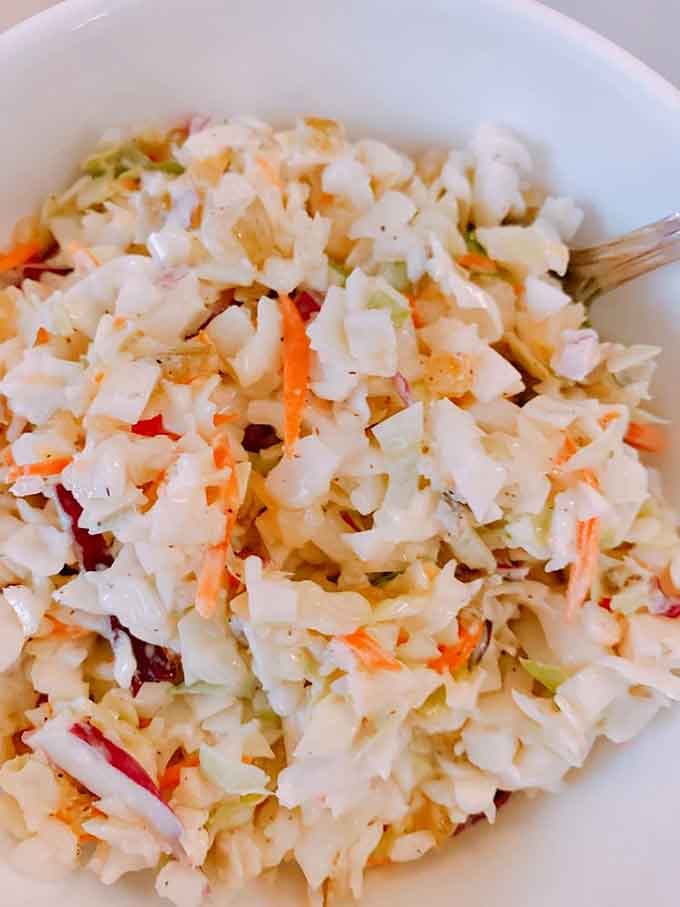 Fresh, tangy coleslaw that cuts through all that richness and reminds you that vegetables can be exciting too.