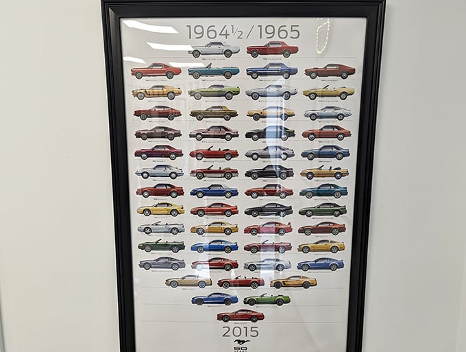 Fifty years of Mustang evolution displayed like a family tree, but way more exciting than yours.