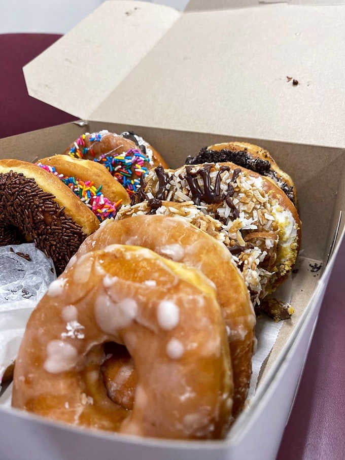 Behold the donut rainbow: glazed, chocolate-drizzled, sprinkled, and coconut-covered perfection lined up like edible lottery tickets you always win.