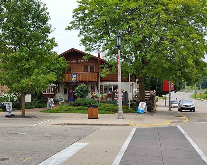 Traditional chalet architecture nestled among trees creates a postcard-perfect scene that's refreshingly real and wonderfully accessible.