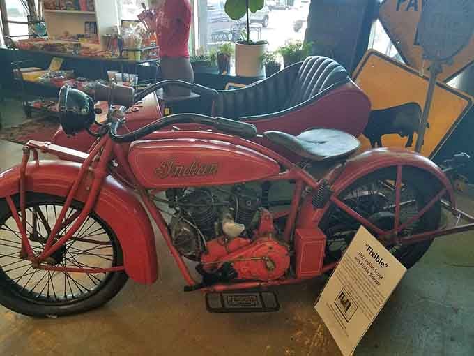An Indian Scout motorcycle with sidecar, because sometimes you find things you didn't know you absolutely needed.