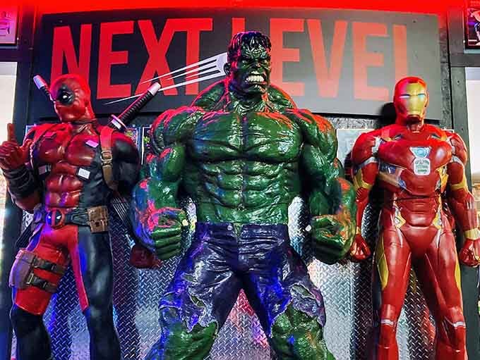 The Avengers assemble at Next Level, where Hulk, Iron Man, and Deadpool welcome you to gaming paradise.