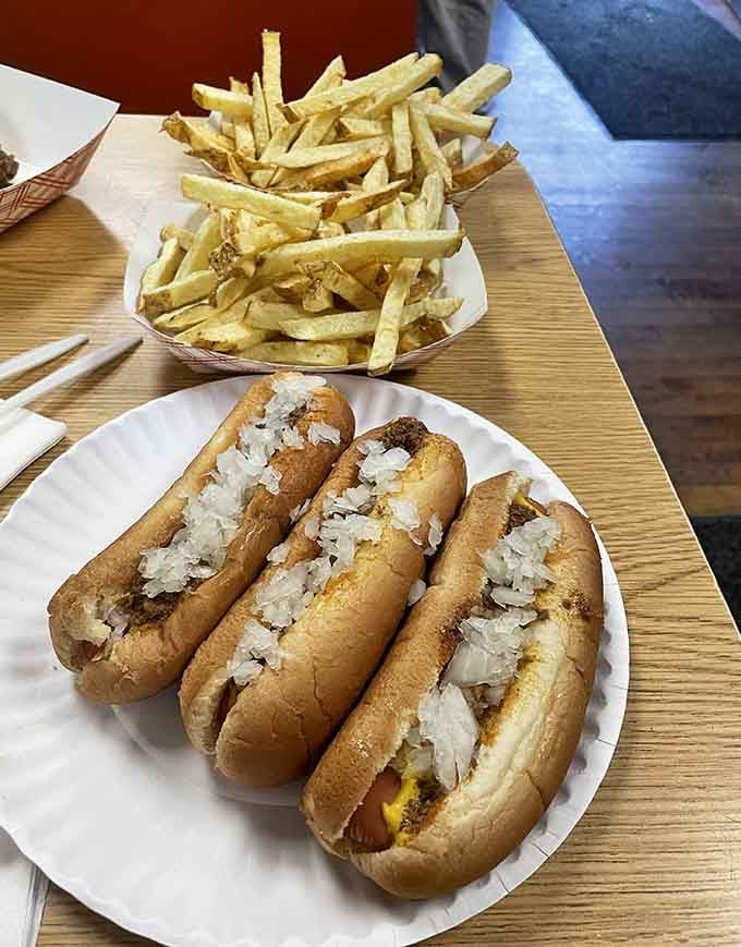 Three hot dogs and a mountain of fries, because sometimes portion control is just a suggestion you politely ignore.