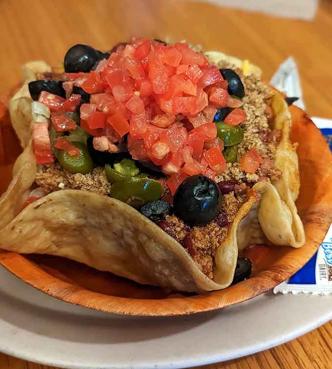 This taco salad bowl is deeper than a philosophy class and infinitely more satisfying to contemplate.