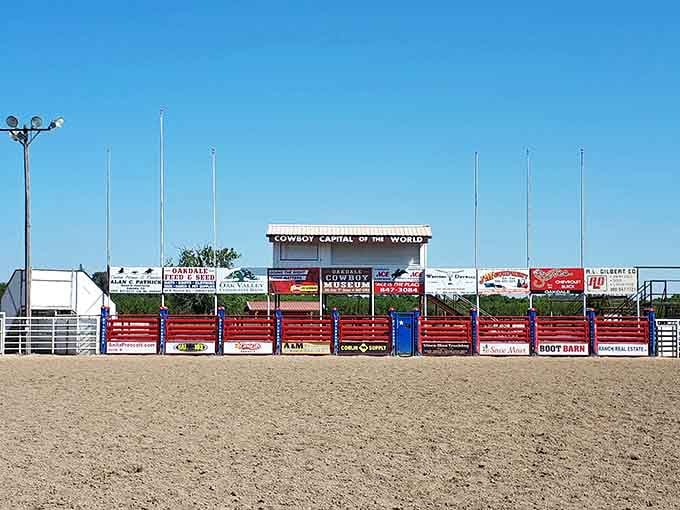 The rodeo grounds sit ready for cowboys who actually know which end of the horse goes forward.