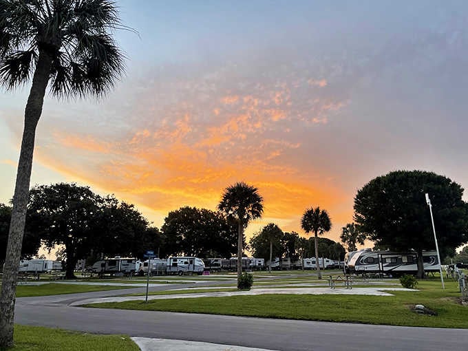 Sunset over the campground paints the sky in colors that make you understand why people retire here.
