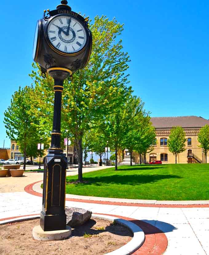 This street clock keeps Oshkosh time, which moves slower than city minutes but faster than you'd like weekends to.