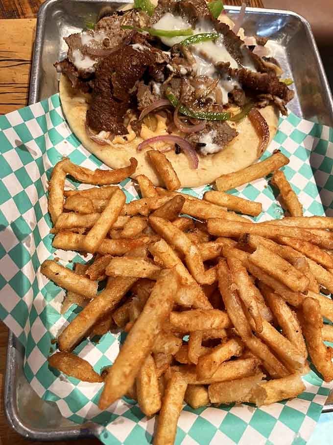 Philly meets pita in this beautiful marriage of flavors, with fries playing the perfect supporting role.