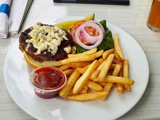 A perfectly cooked burger topped with blue cheese crumbles is the stuff of beautiful dreams.