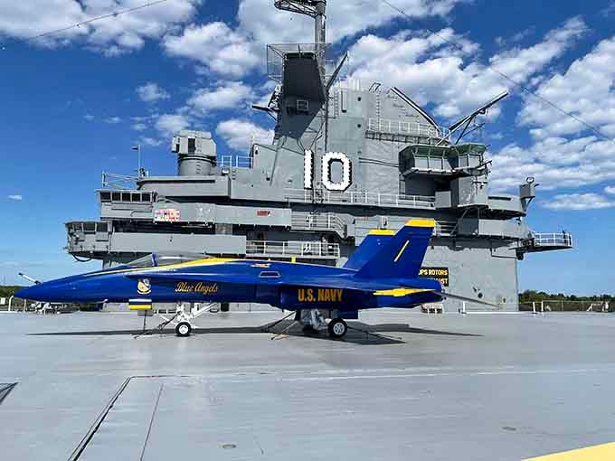The Blue Angels' signature blue and gold paint scheme turns a formidable fighter jet into a work of patriotic art.