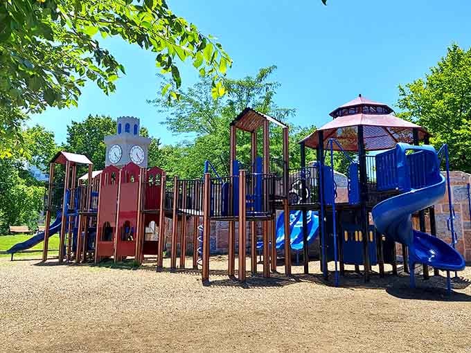 This colorful playground looks like a miniature city where kids can climb, slide, and burn off enough energy for peaceful bedtimes.