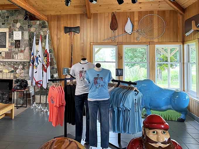 The gift shop proves that even folklore legends need merchandise, with Babe peeking in like she's shopping too.