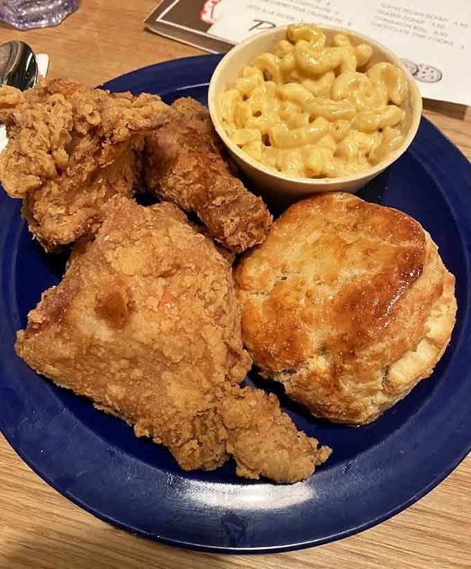 Crispy chicken paired with creamy mac and cheese plus a golden biscuit equals the holy trinity of comfort food.