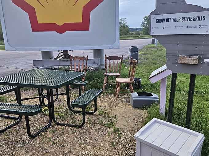 Even the picnic area gets a touch of whimsy when your dining companion is a giant pink elephant.