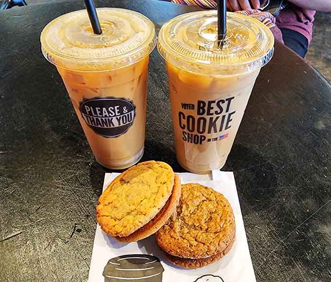 Two iced coffees and cookies that look like they're auditioning for a magazine cover—and they got the part.