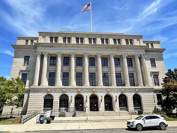 The Scioto County Courthouse stands proud with columns that say "we built things to last" back when that actually meant something.