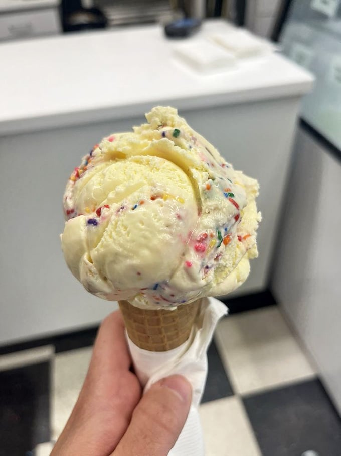 Cake batter ice cream with sprinkles is basically eating your birthday party, and nobody's going to stop you here.
