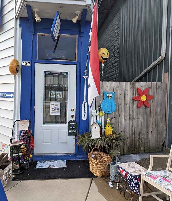 Short Street Market's cheerful blue door welcomes you into a world where vintage finds and quirky collectibles reign supreme.