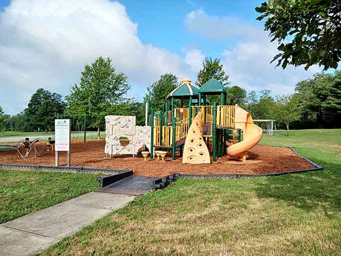 Moorman Park's playground equipment promises hours of entertainment without requiring batteries, WiFi, or a subscription service.