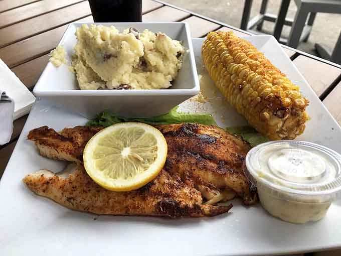 Blackened grouper with mashed potatoes and corn proves this place does dinner plates as well as sandwiches.