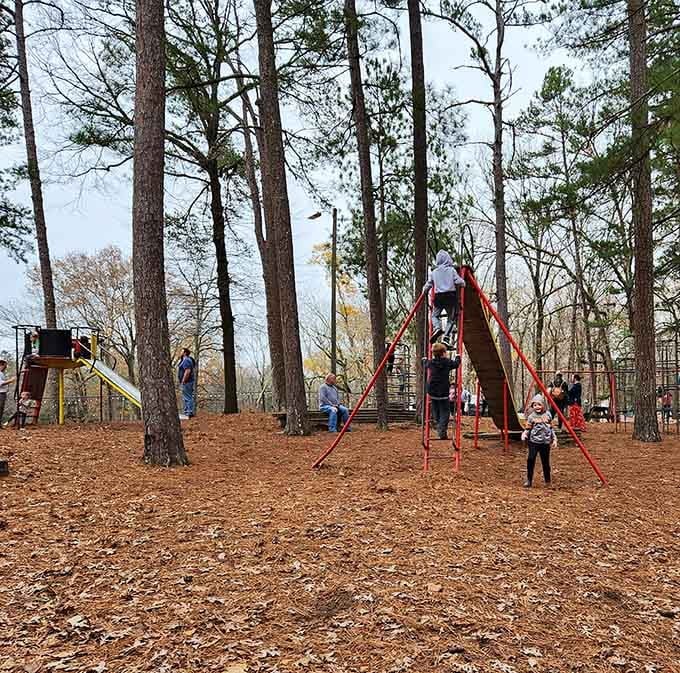 Kids can burn off energy on the playground before descending into the earth for their underground adventure below.