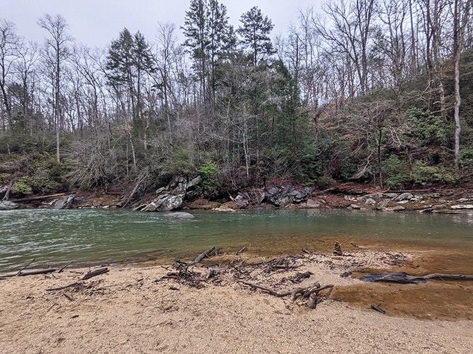 With the trees stripped bare, the rocky bluffs and flowing water stand out, offering a completely different perspective on this aquatic gem.