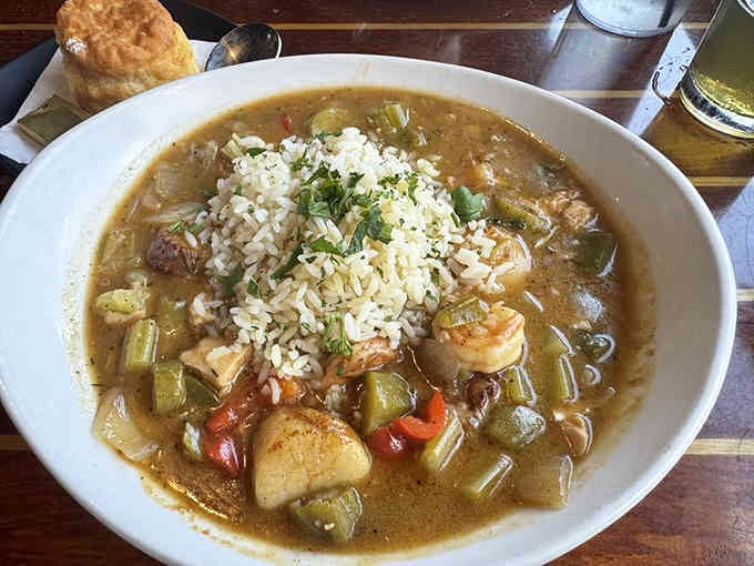 Seafood gumbo loaded with shrimp and rice, proving that Louisiana isn't the only state that knows its way around a bowl.