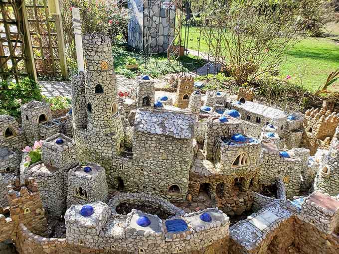 Blue-domed structures and intricate stonework create a miniature Mediterranean village right here in Georgia.