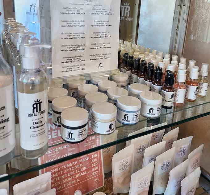 Royal Salt Cave & Spa's product display offers skincare solutions for those of us who've stopped believing in fountain of youth myths.