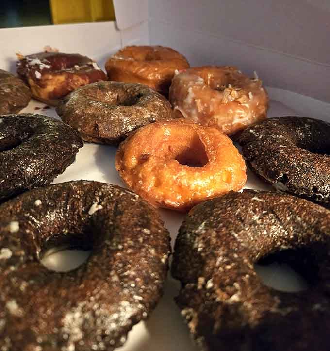 These chocolate and glazed donuts glisten under the bakery lights, practically begging you to take them home.
