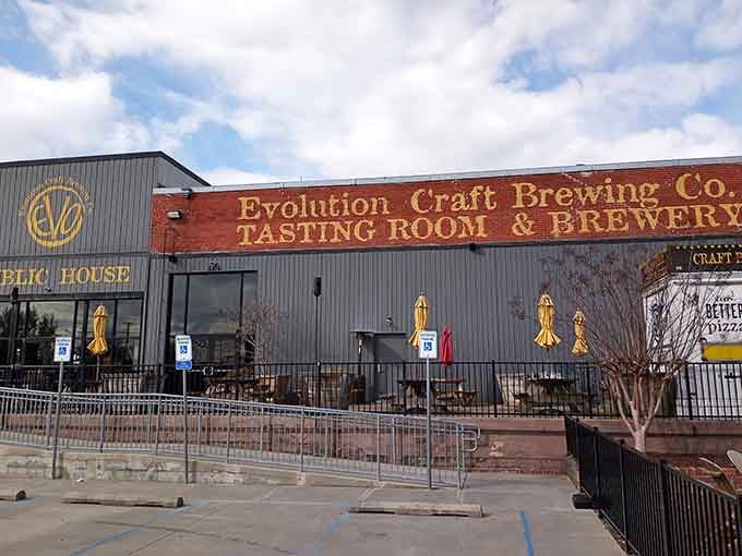 Evolution Craft Brewing's rustic exterior hints at the creative concoctions waiting inside this beloved local gathering spot.