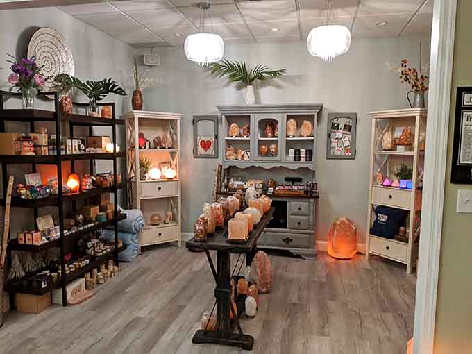 The retail area showcases Himalayan salt lamps and wellness goodies without the overwhelming chaos of typical health stores.