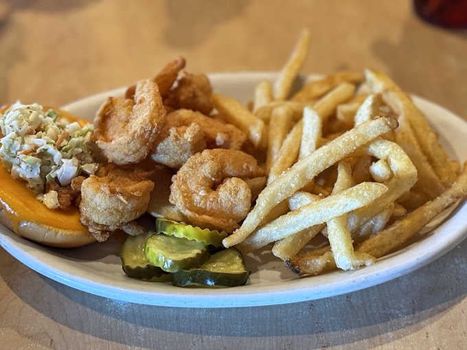 Golden fried shrimp nestled in a bun with all the fixings, proving simplicity wins when quality shows up.