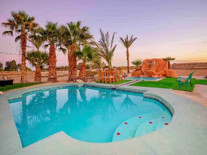 A sparkling pool fit for royalty, because defending imaginary kingdoms works up quite a thirst in the desert heat.