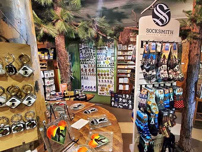 From Socksmith brand footwear to quirky accessories, this corner proves Bigfoot believers have excellent taste in small goods.