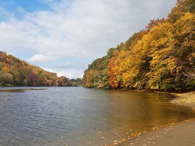 Fall foliage reflecting on calm waters, proving nature doesn't need filters to look absolutely spectacular here.