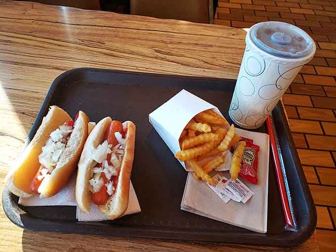 Hot dogs dressed just right, proving that simplicity and deliciousness have always been the best of friends.