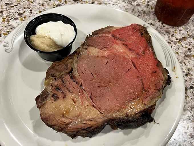 Prime rib so perfectly pink it deserves its own portrait, this is what beef dreams are made of.