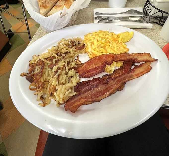 Crispy bacon, fluffy eggs, and hash browns that actually have texture&mdash;breakfast done right without the Instagram filter.
