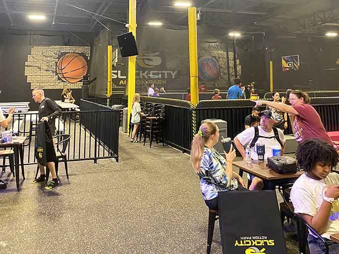 The seating area where parents watch the chaos unfold while enjoying a moment of blessed peace.