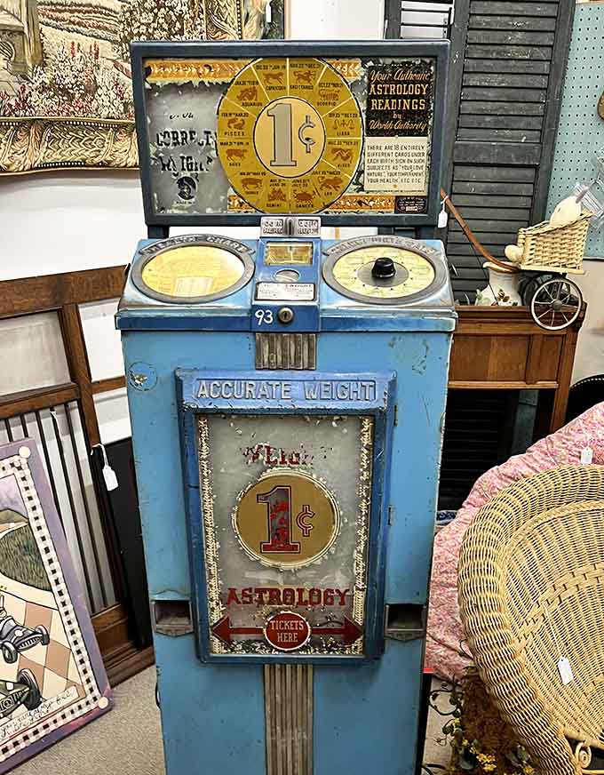 This old penny scale promised accurate weight and horoscope readings, because apparently our ancestors needed both simultaneously.
