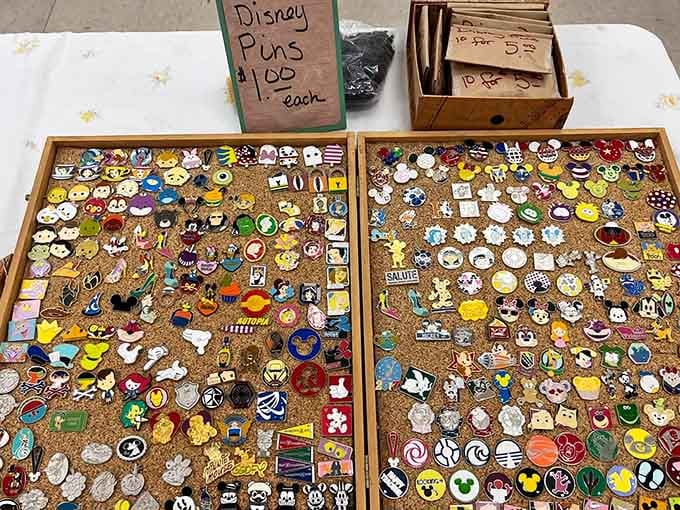 Disney pins arranged like tiny works of art, each one a portal to magical memories.