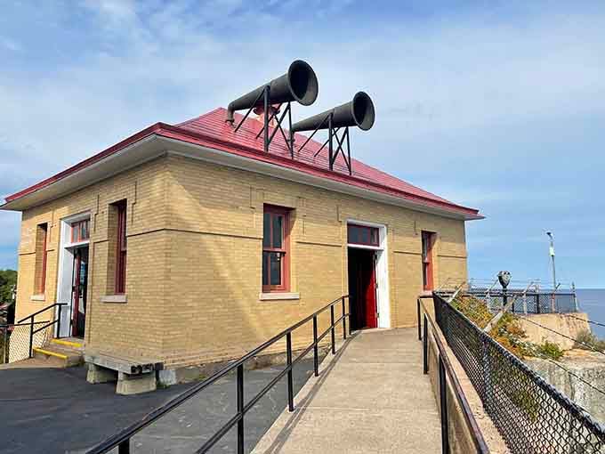 The Fog Signal Building's twin horns once blasted warnings across the water, saving countless ships from disaster on foggy nights.