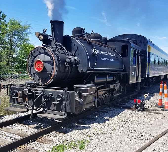This vintage steam locomotive rests between adventures, ready to transport passengers back to when trains ruled the American landscape completely.