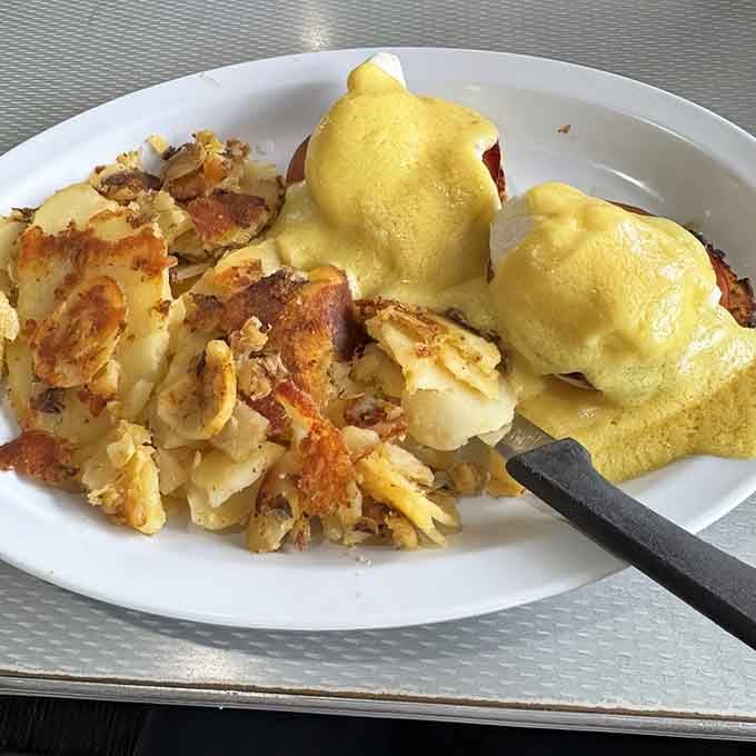 Eggs Benedict draped in hollandaise glory, flanked by hash browns that know their crispy business.