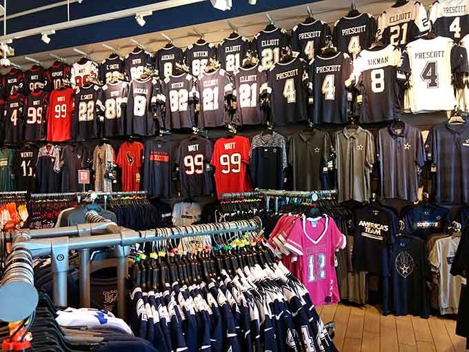 Sports jerseys lined up like a hall of fame, where you can rep your favorite players without needing a second mortgage.