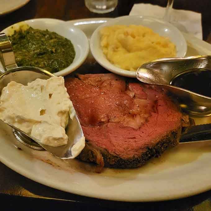 Creamed spinach, fluffy mashed potatoes, and perfectly cooked prime rib create the holy trinity of classic American dining.